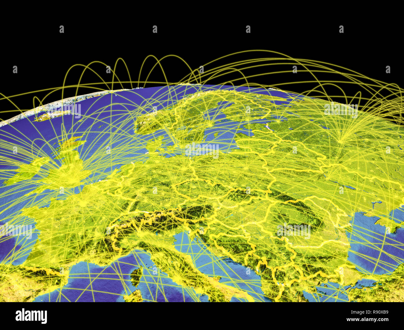 Central Europe on planet Earth with country borders and trajectories ...