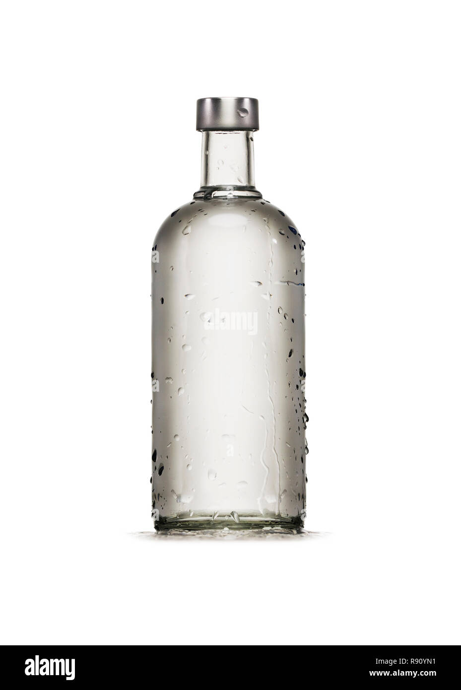 wet transparent clean alcohol bottle with drops isolated on white ...