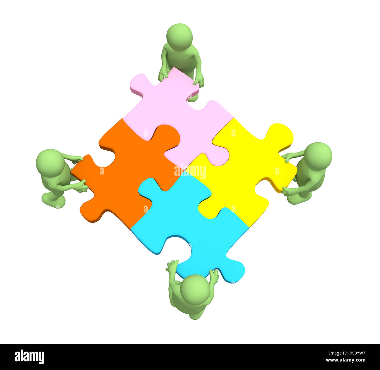 Four puppets, holding in hands a puzzle of multi color Stock Photo - Alamy
