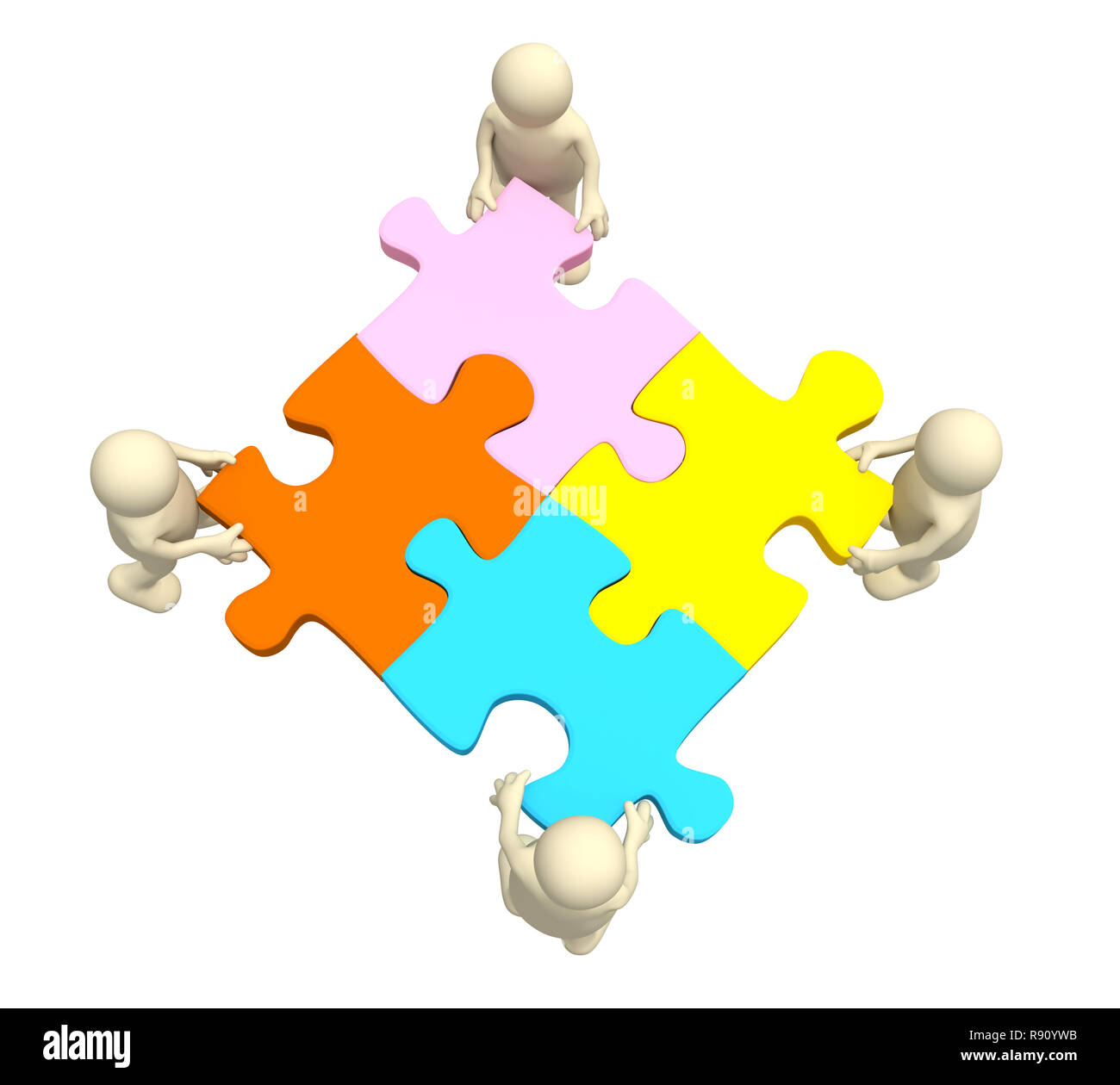 Four puppets, holding in hands a puzzle of multi color Stock Photo - Alamy