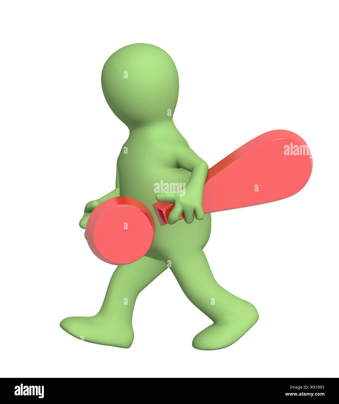 3d puppet, holding exclamation mark Stock Photo - Alamy