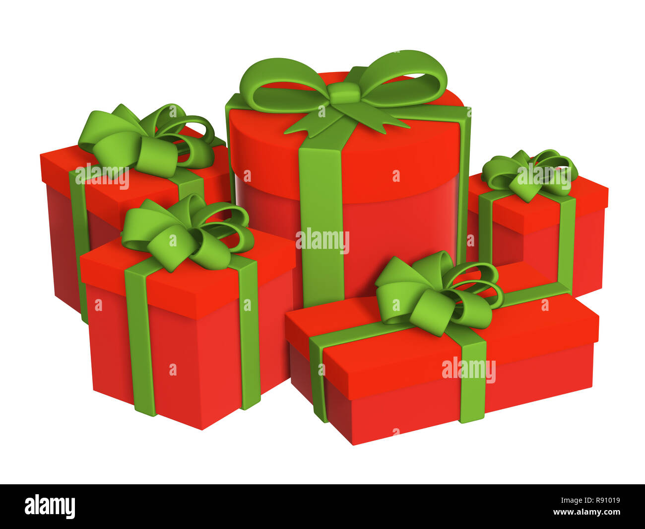 Five boxes with gifts, fastened by tapes. Object over white Stock Photo ...