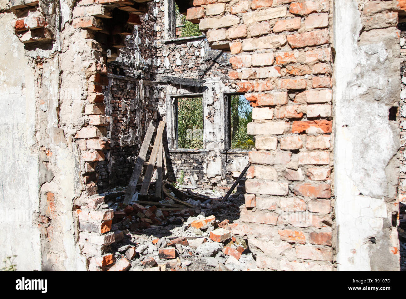 abandoned brick house from the inside on summer day Stock Photo - Alamy