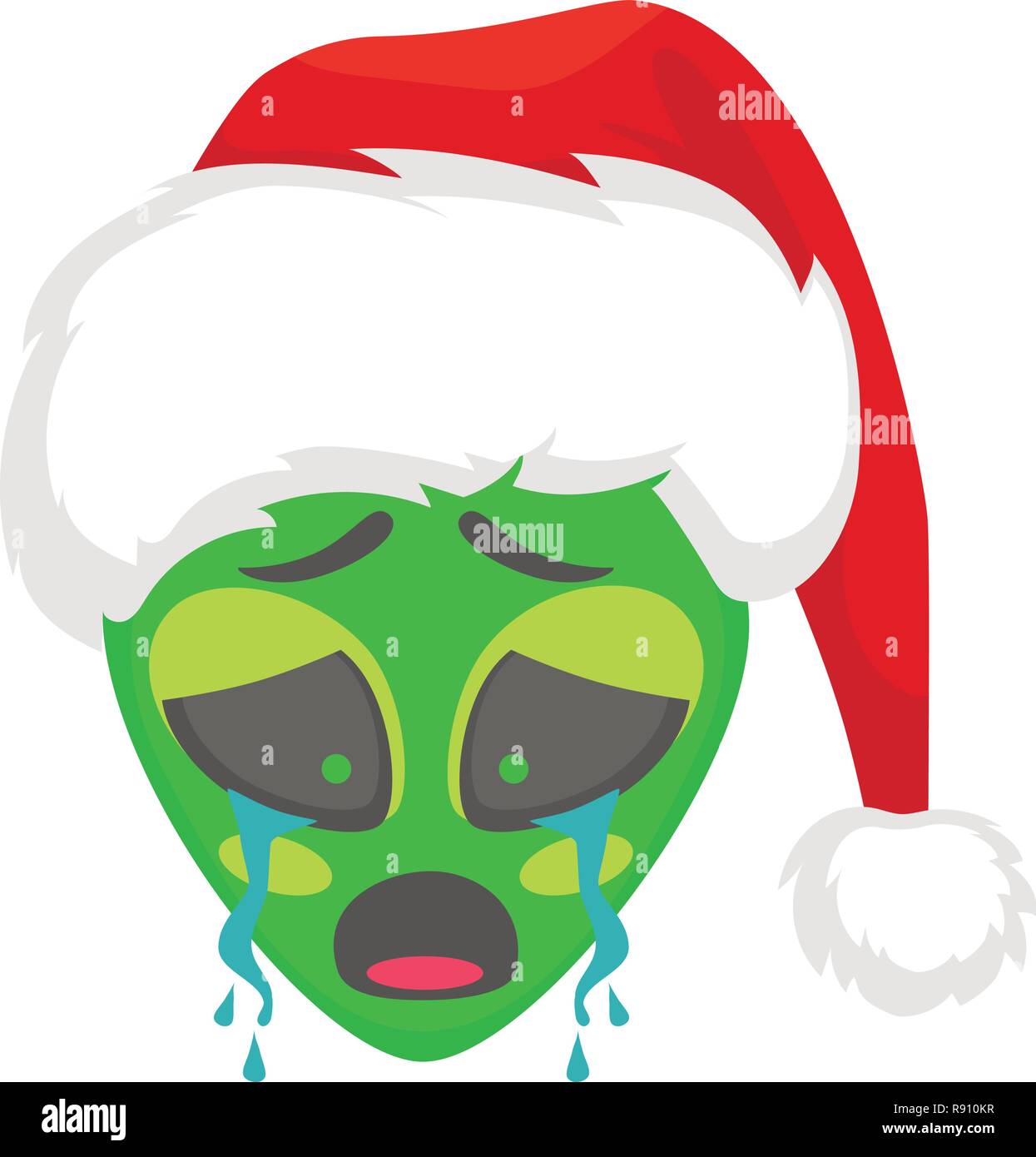 Alien face emoji. Alien green head in santa hat - Crying. Humanoid ...