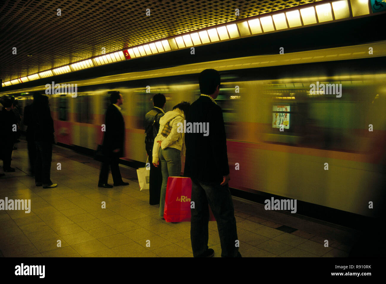 underground metro railway station platform, yellow line, milan, italy ...