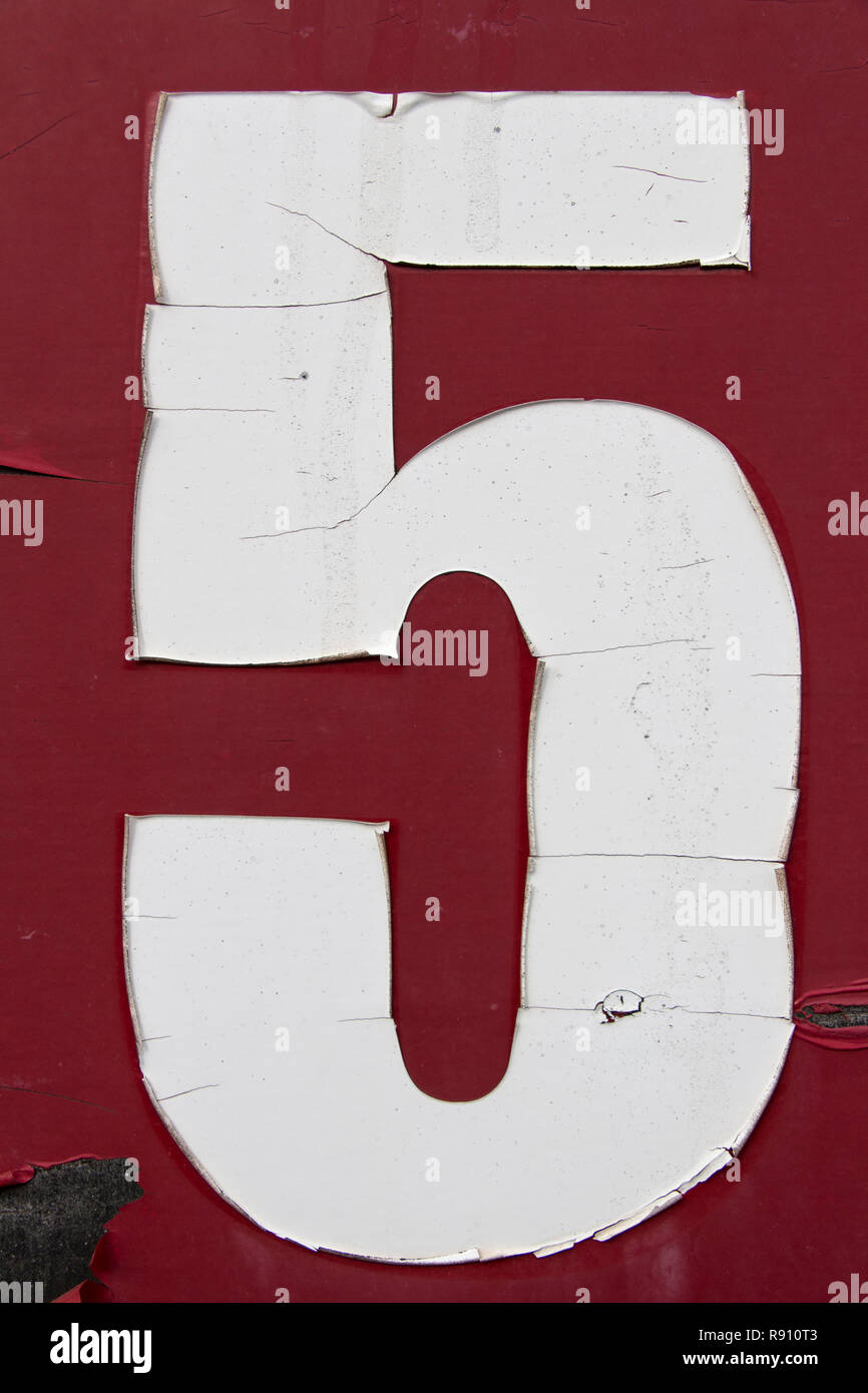 number five painted on grungy surface, number 5,five, old sticker ...