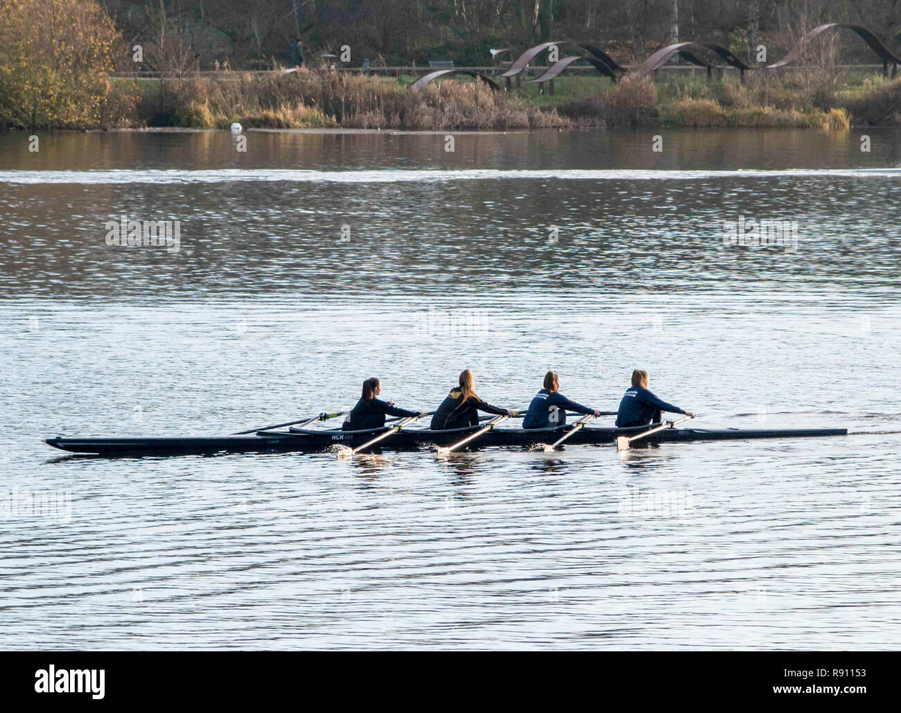 Four female rowers out in a scull rowing boat on the lake at Trentham ...