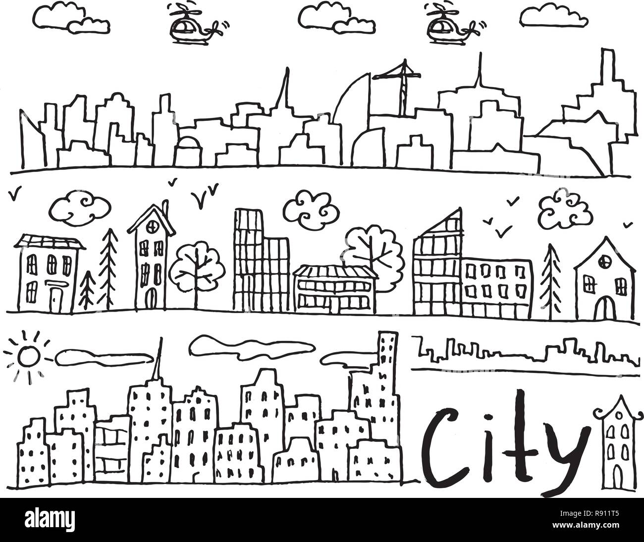 Set of hand drawn doodle cities. Street with houses and trees ...