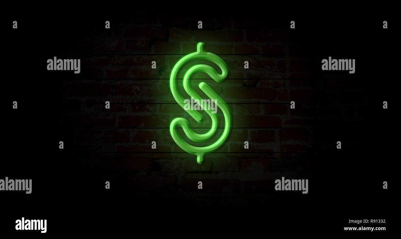 Dollar symbol neon sign light on brick wall background. Glowing large ...