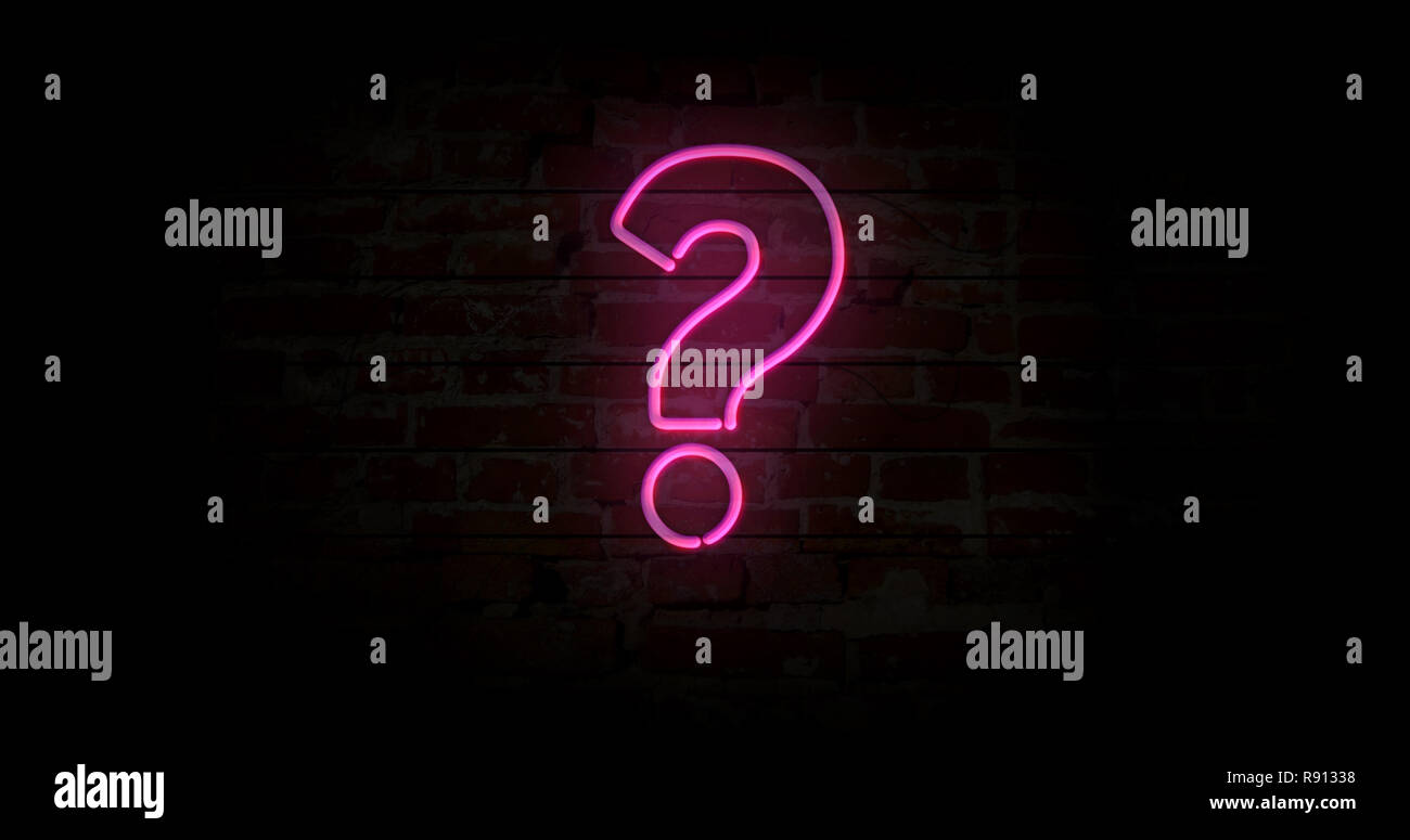 Question mark neon sign light on brick wall background. Glowing large ...