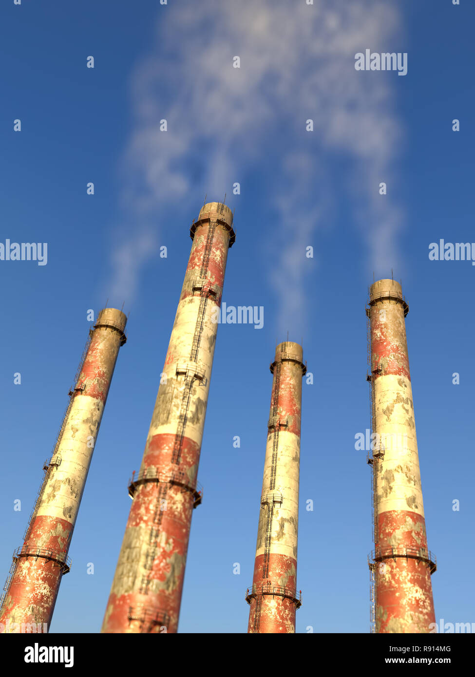 Four industrial chimneys generating pollution into the air Stock Photo ...