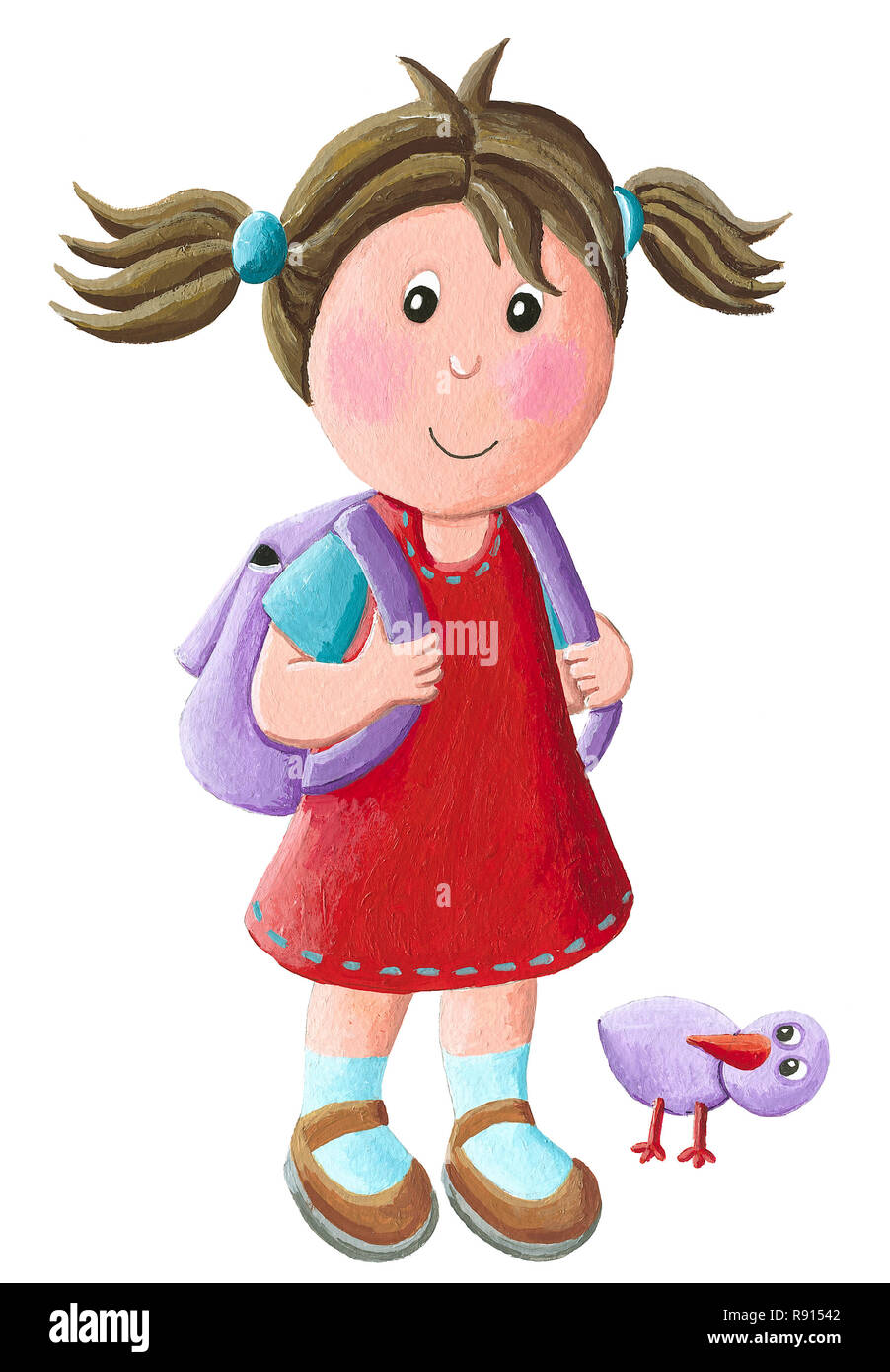 Acrylic illustration of a cute girl going to school on a white Stock ...