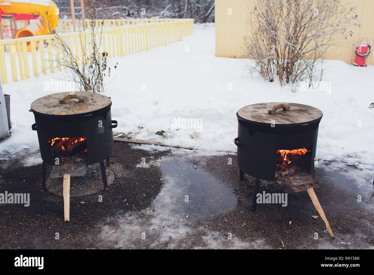 flame of fire. picnic. food on the street. pot on the fire. cooking ...