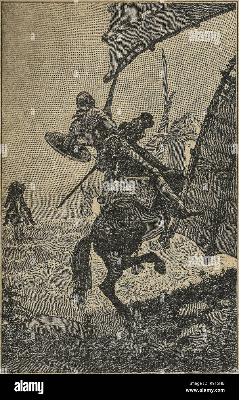 Adventure of the windmills. Don Quixote novel scene. Illustration from ...