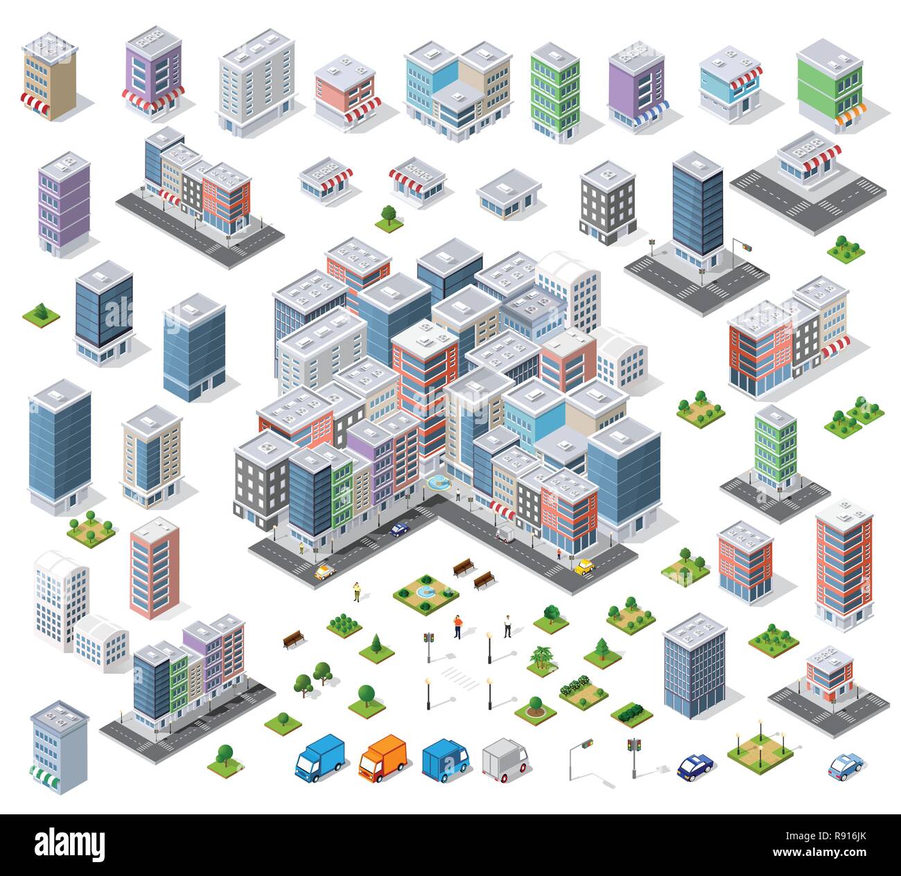 Urban Isometric area of the city infrastructure with transport, streets ...
