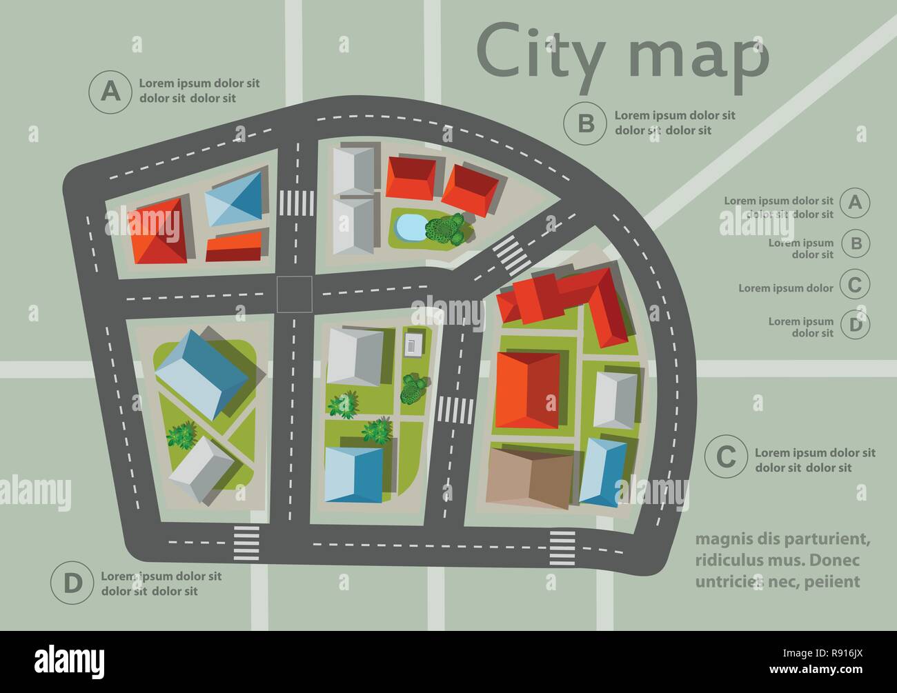 Top view city map of the Urban roofs and crossroads with houses Stock ...