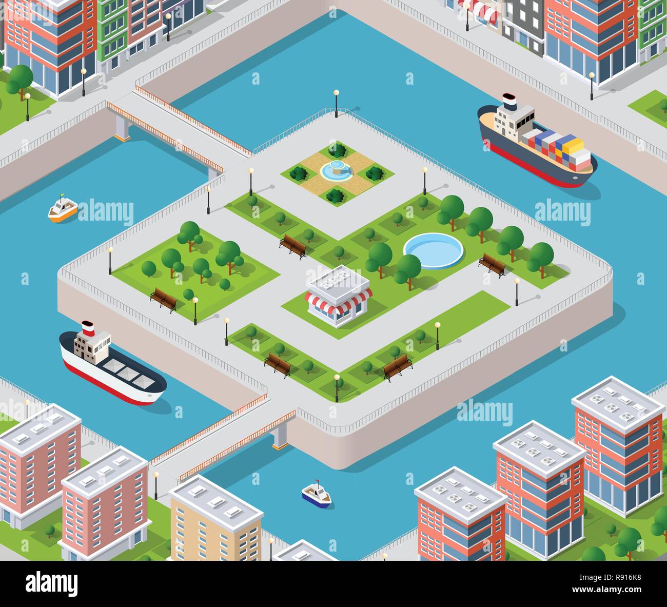 River embankment with bridges of elements architecture, home ...