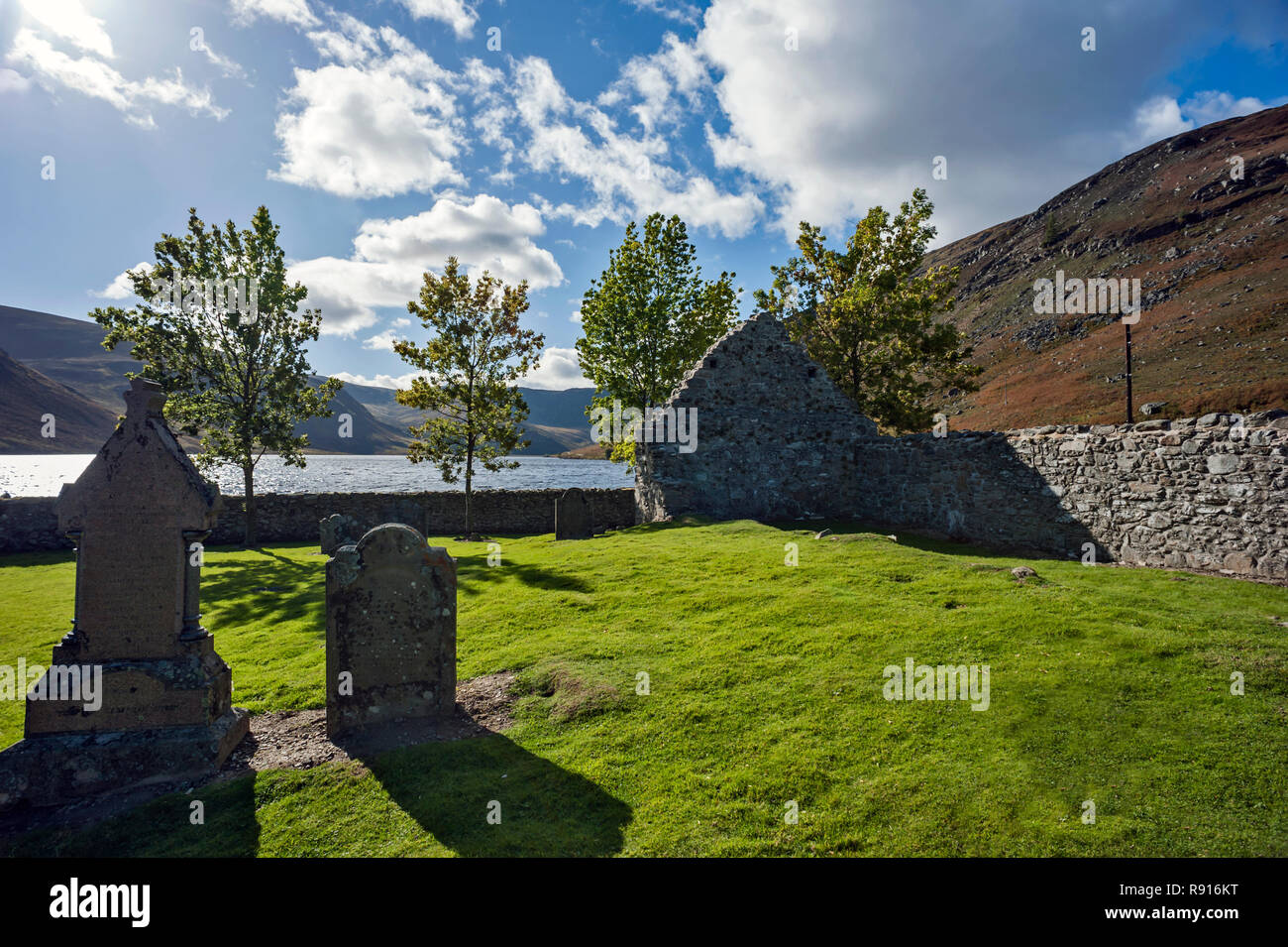 Loch Lee Burial Ground, Glen Esk, Angus, Scotland, UK set against blue ...