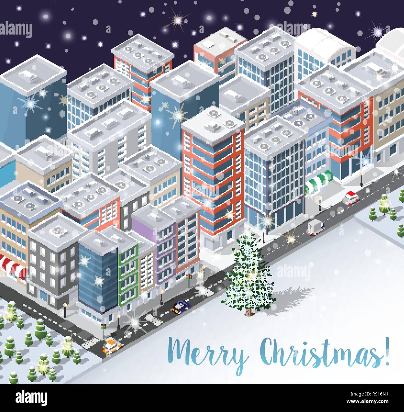 Christmas winter city background of buildings and houses, shops and ...