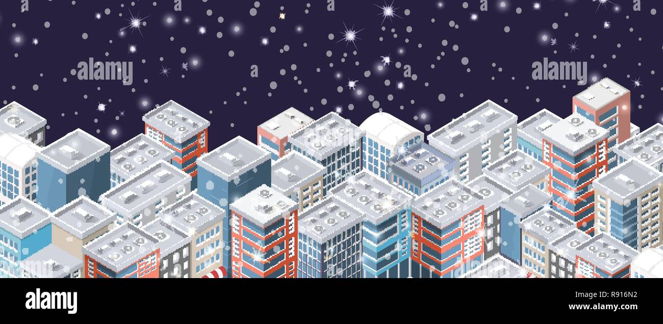 Christmas winter city background of buildings and houses, shops and ...