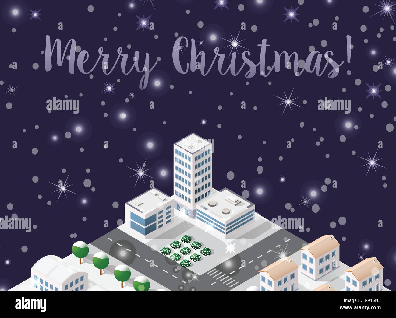Christmas winter city background of buildings and houses, shops and ...