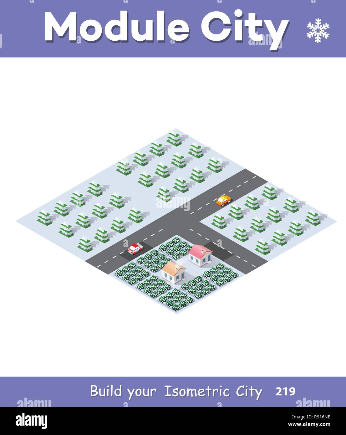 Winter Christmas snowy city road with trees in an isometric urban ...