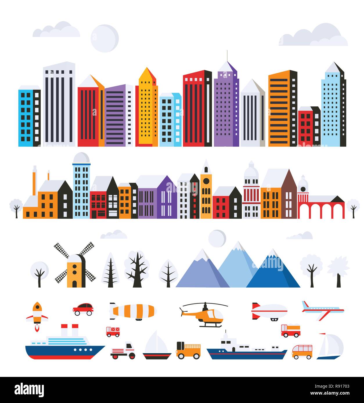 Set of urban flat buildings of different colors for creativity and ...