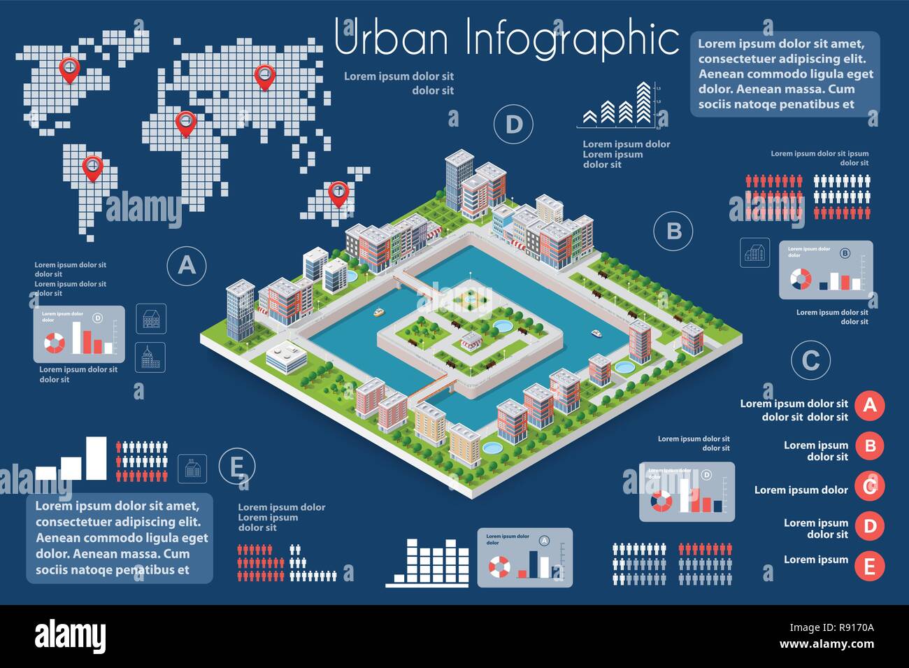 City infographics of the town with houses, river and embankment. Graphs ...