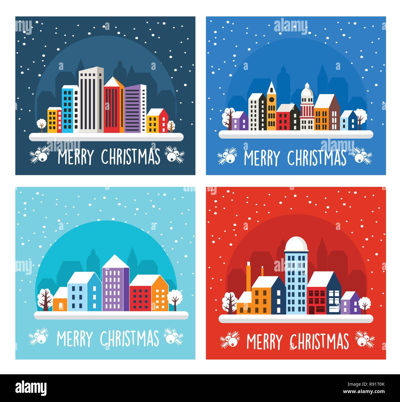 Urban town Christmas decor design winter street scene. Night city snowy ...