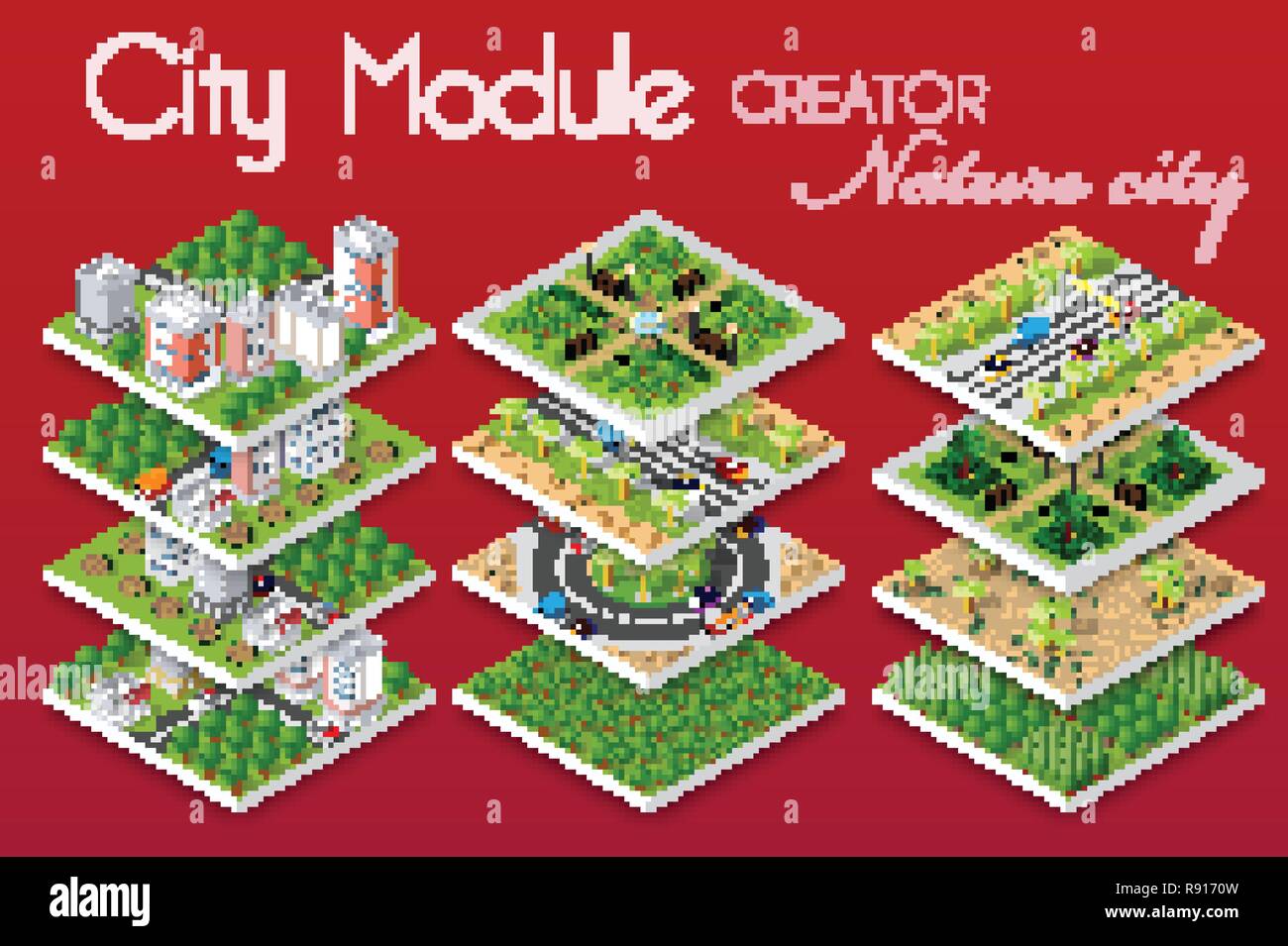 City module builder constructor isometric concept of urban infrastructure business. Vector ...