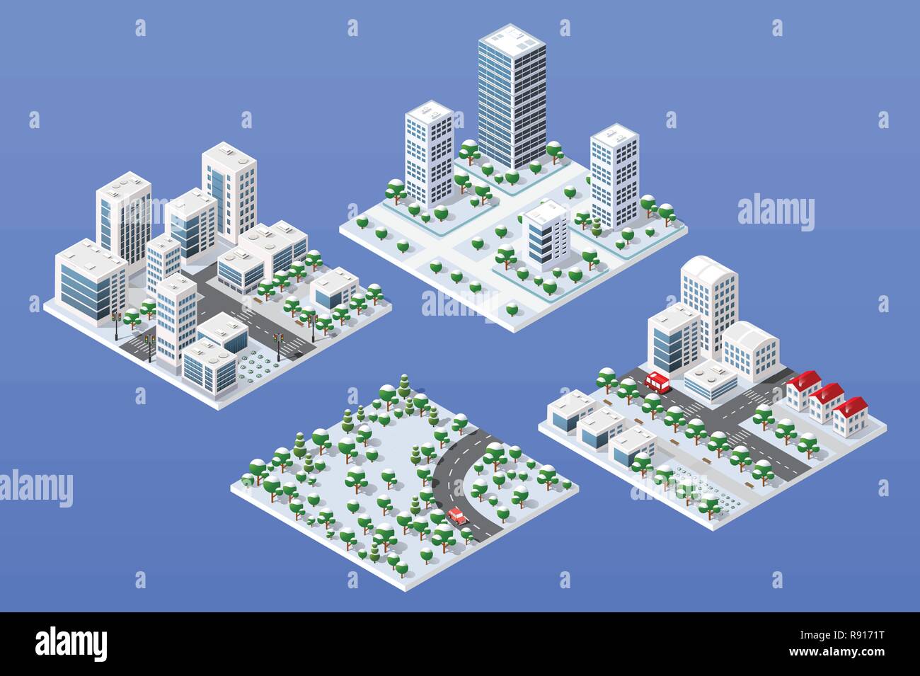 Urban Isometric area of the city infrastructure with transport, streets ...