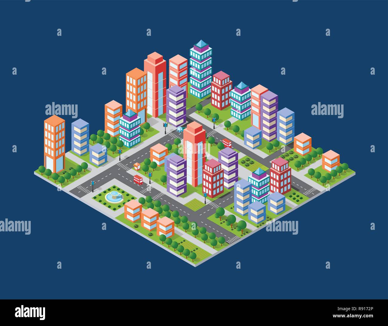 Urban Isometric area of the city infrastructure with transport, streets ...