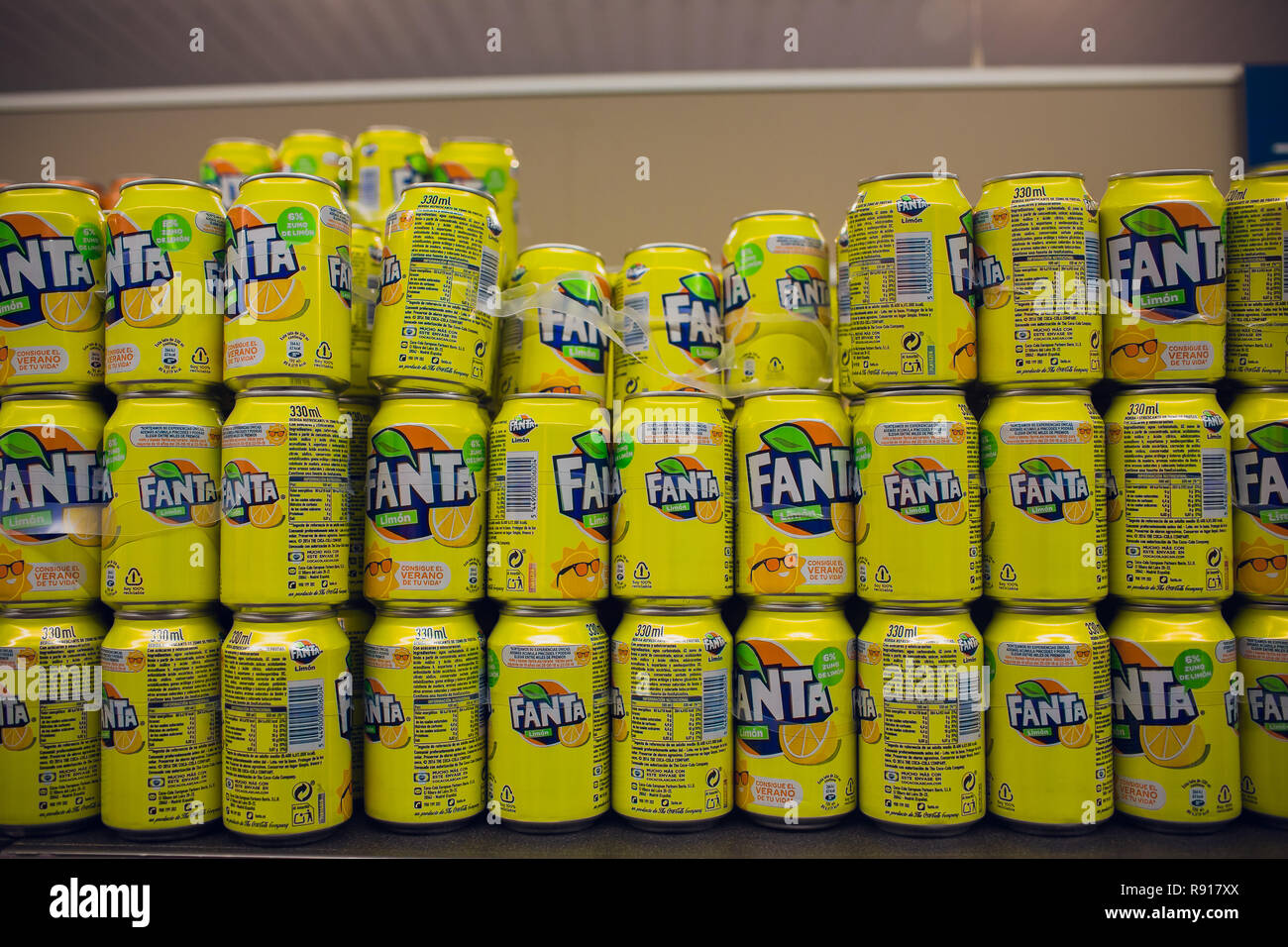 BARCELONA, SPAIN - AUGUST 10, 2018: Fanta can drinks with various ...