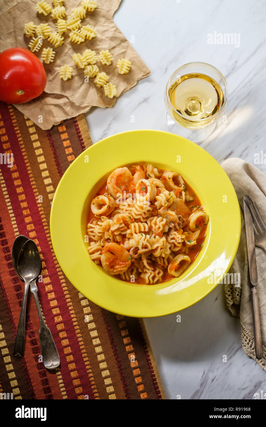 Italian radiatori pasta with shrimp and calamari in sweet sherry wine ...