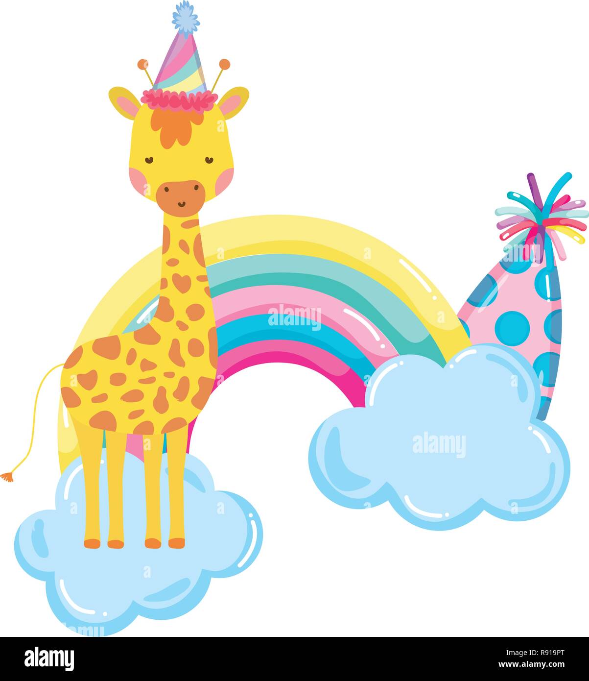 cute and little giraffe with party hat and rainbow Stock Vector Image ...