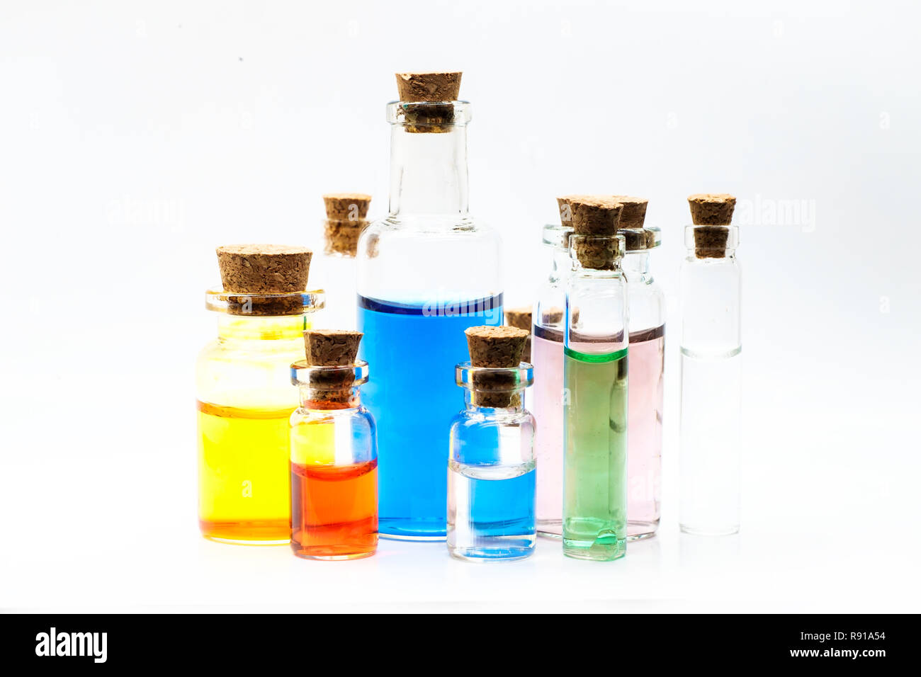 Close up glass measuring beakers for science experiment background ...