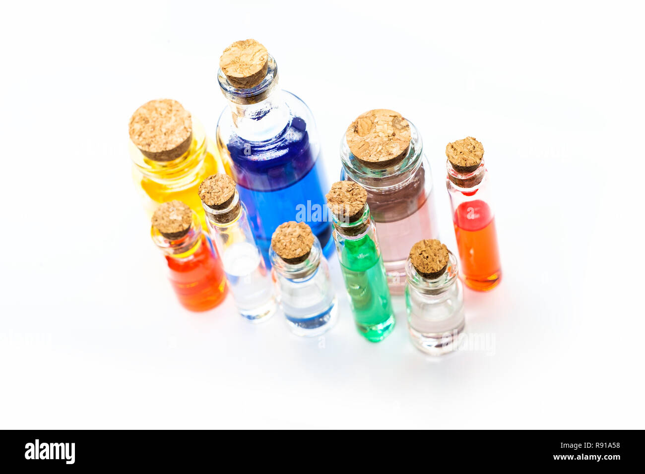 Close up glass measuring beakers for science experiment background ...