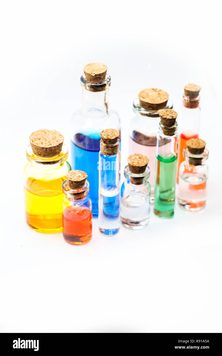Close up glass measuring beakers for science experiment background ...