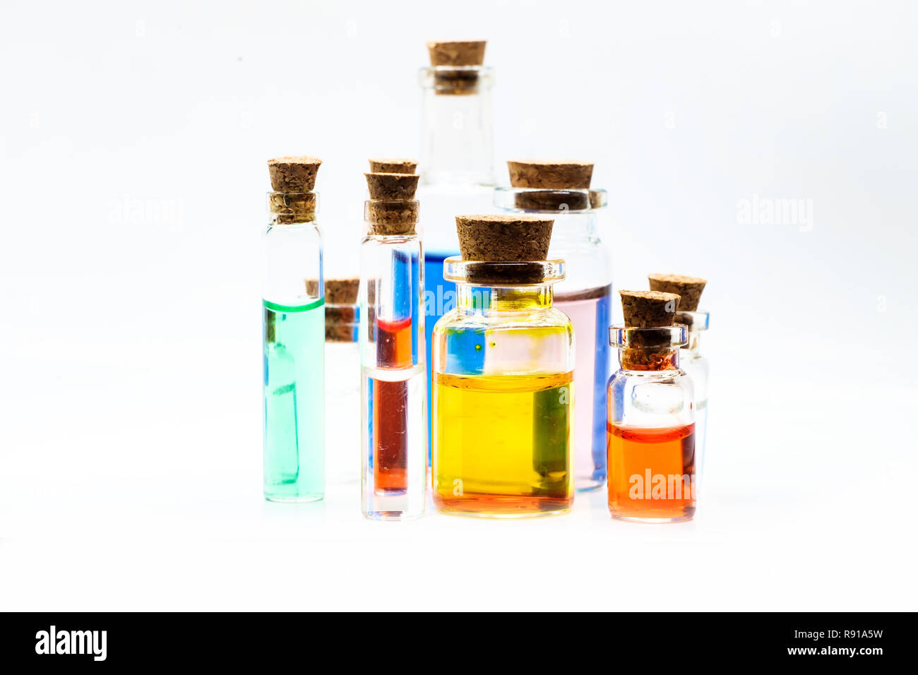 Close up glass measuring beakers for science experiment background ...