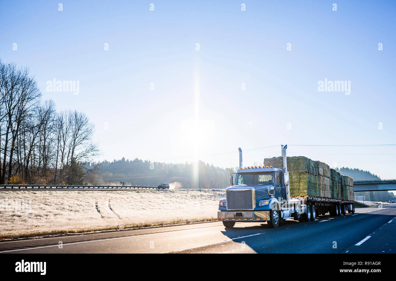 Blue big rig day cab classic American bonnet semi truck tractor with ...