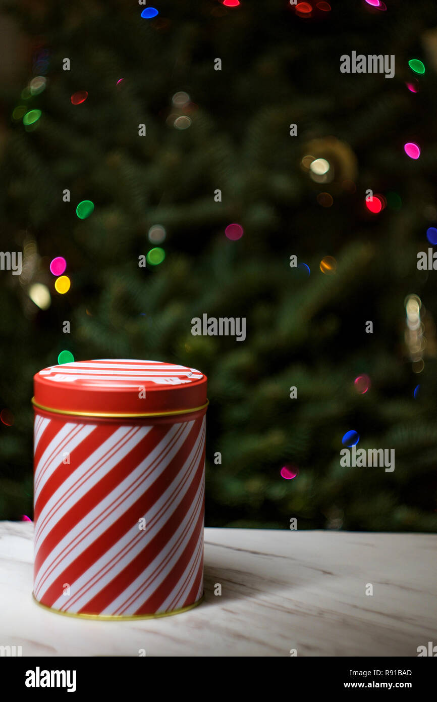 Christmas lights on tree in background with candy cane colored ...