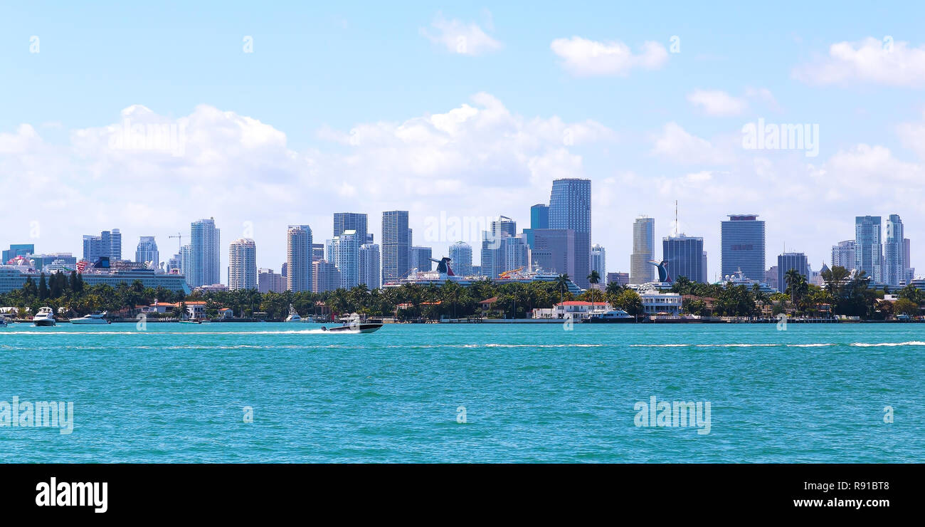 View on Miami city skyline from Miami Beach waterfront. Sailboats ...