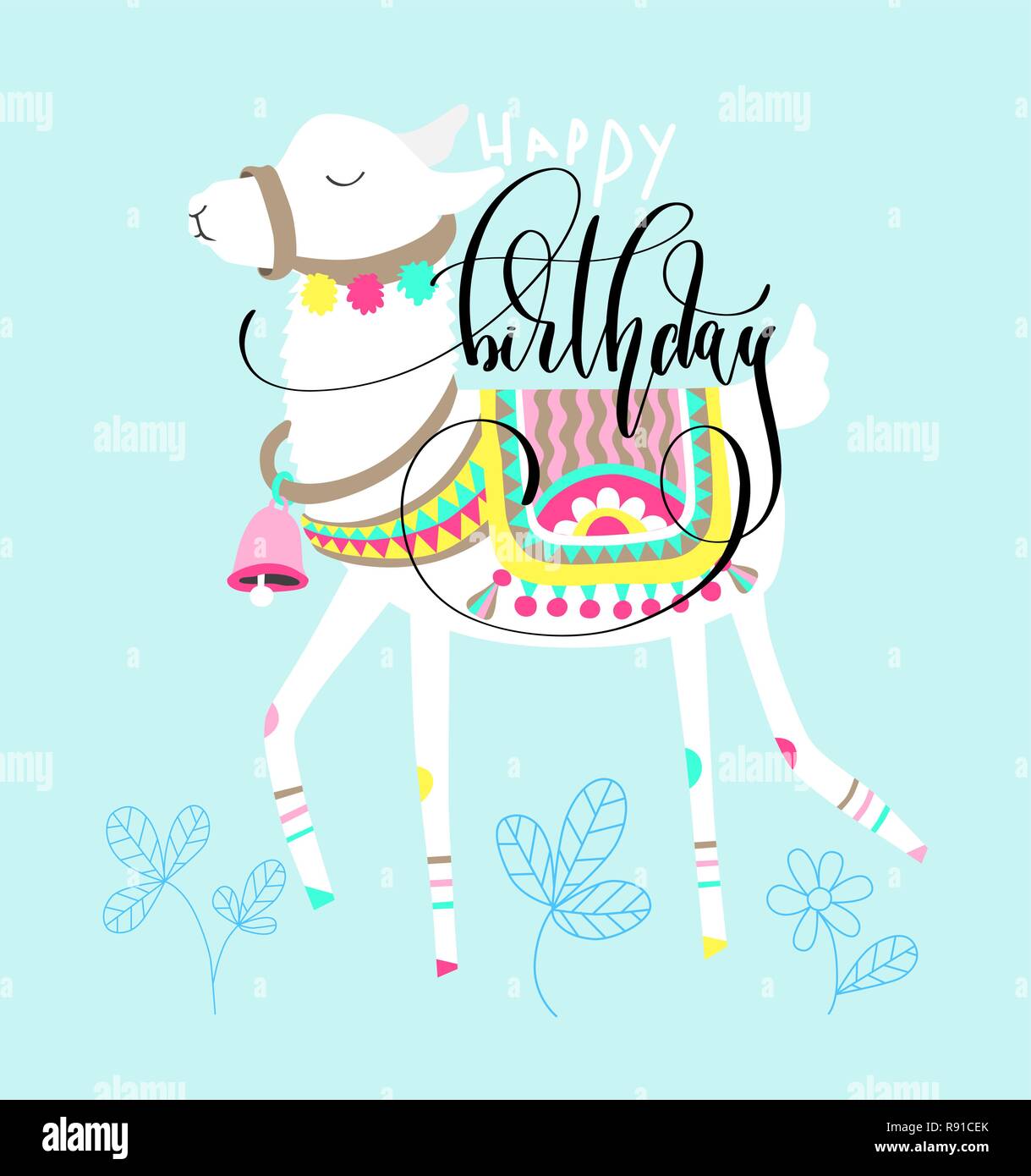 Happy birthday greeting card, white llama on blue background Stock ...