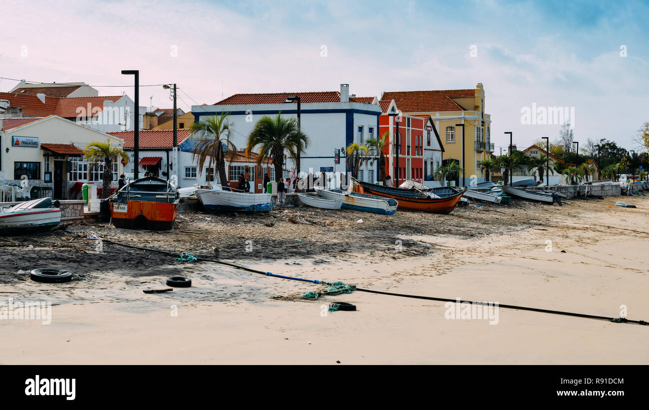 Trafaria, Portugal - Dec 16, 2018: Restaurants and bars along the ...