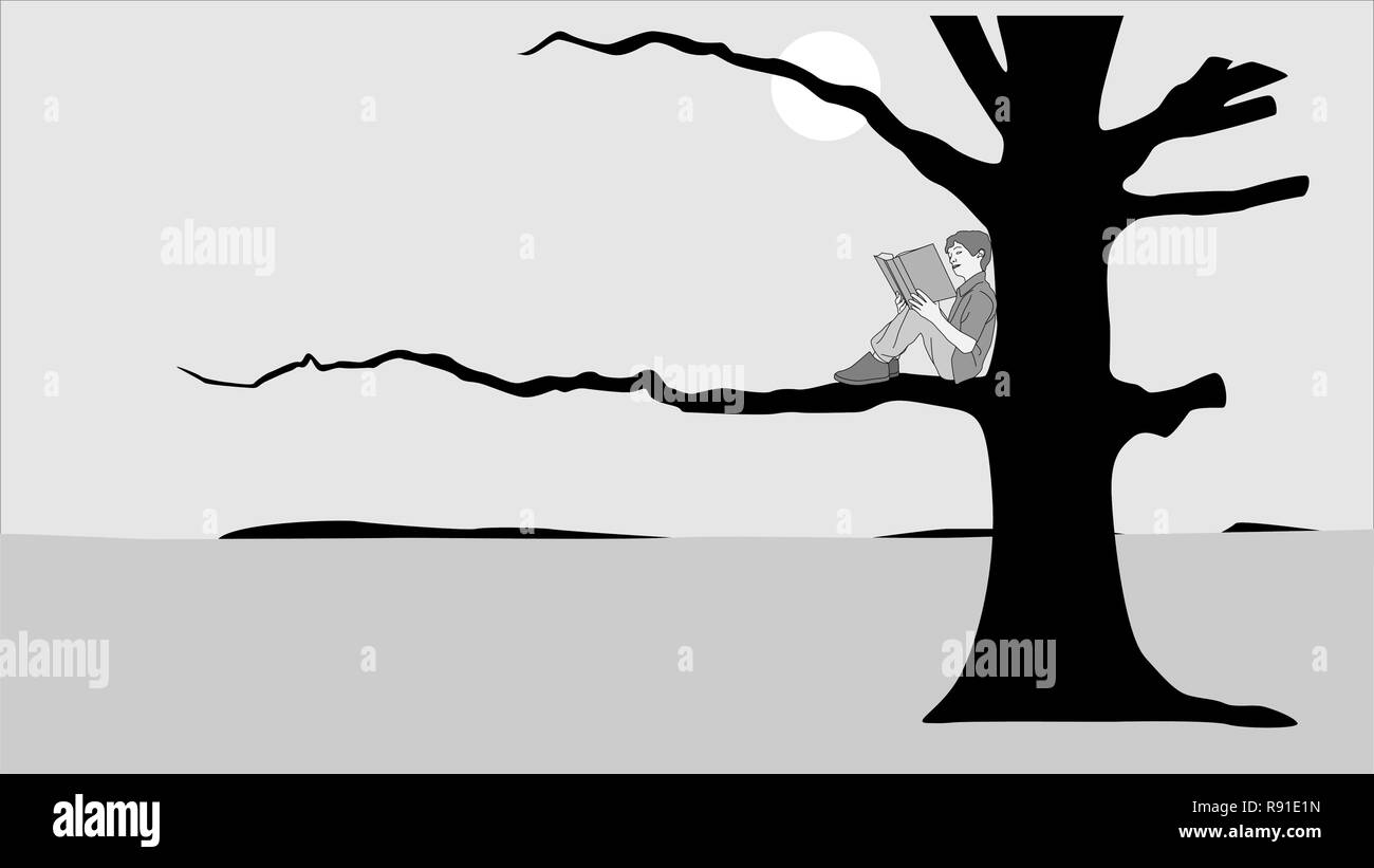 Boy sat reading in a tree Stock Vector Image & Art - Alamy
