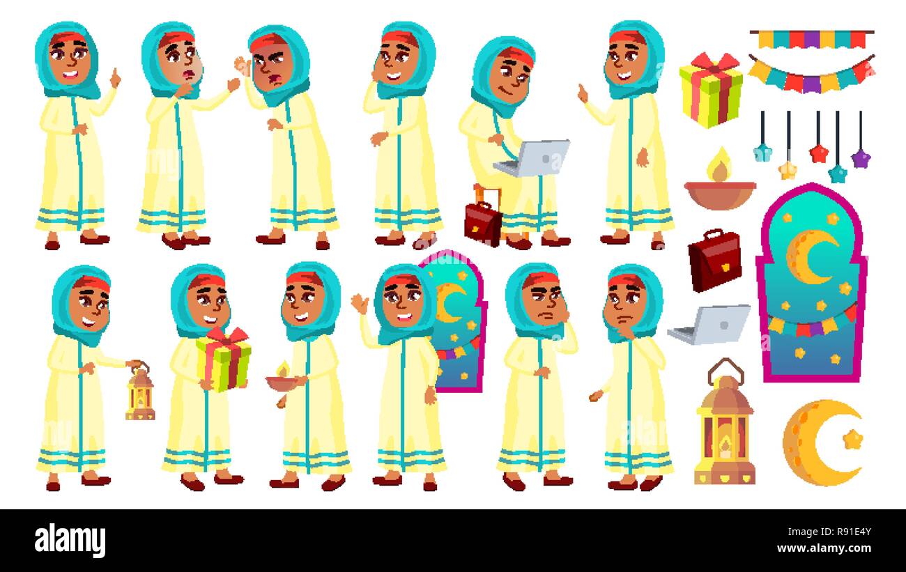 Arab, Muslim Girl Kid Poses Set Vector. Primary School Child ...