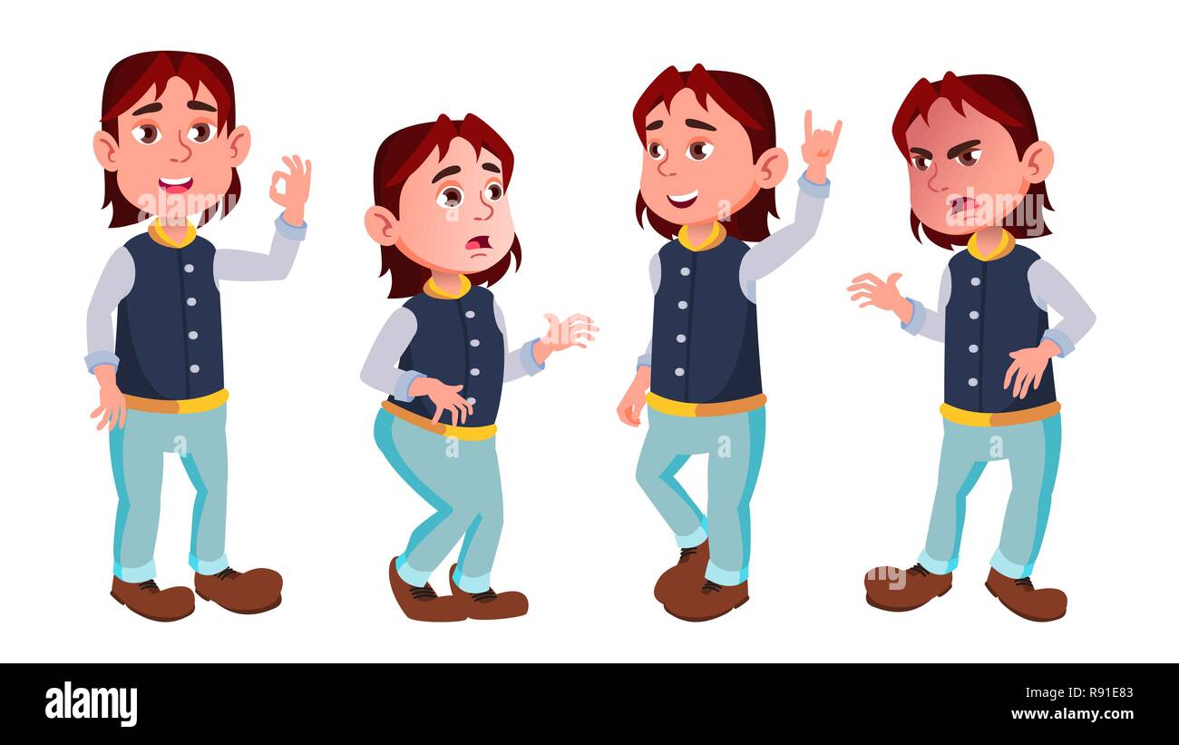 Boy Schoolboy Kid Poses Set Vector. Primary School Child. Cheerful ...