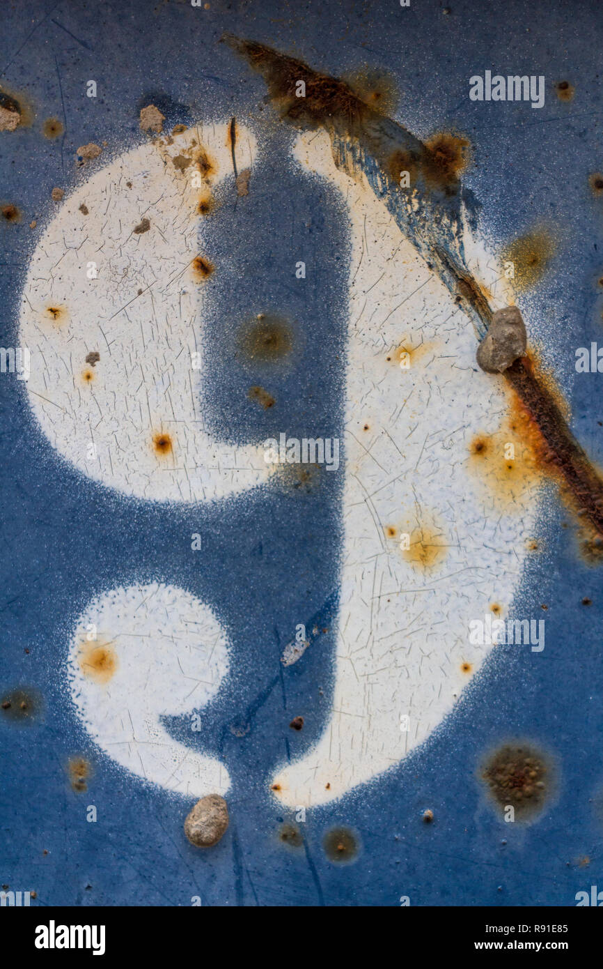 number nine painted on rusty blue metal, number 9 Stock Photo - Alamy