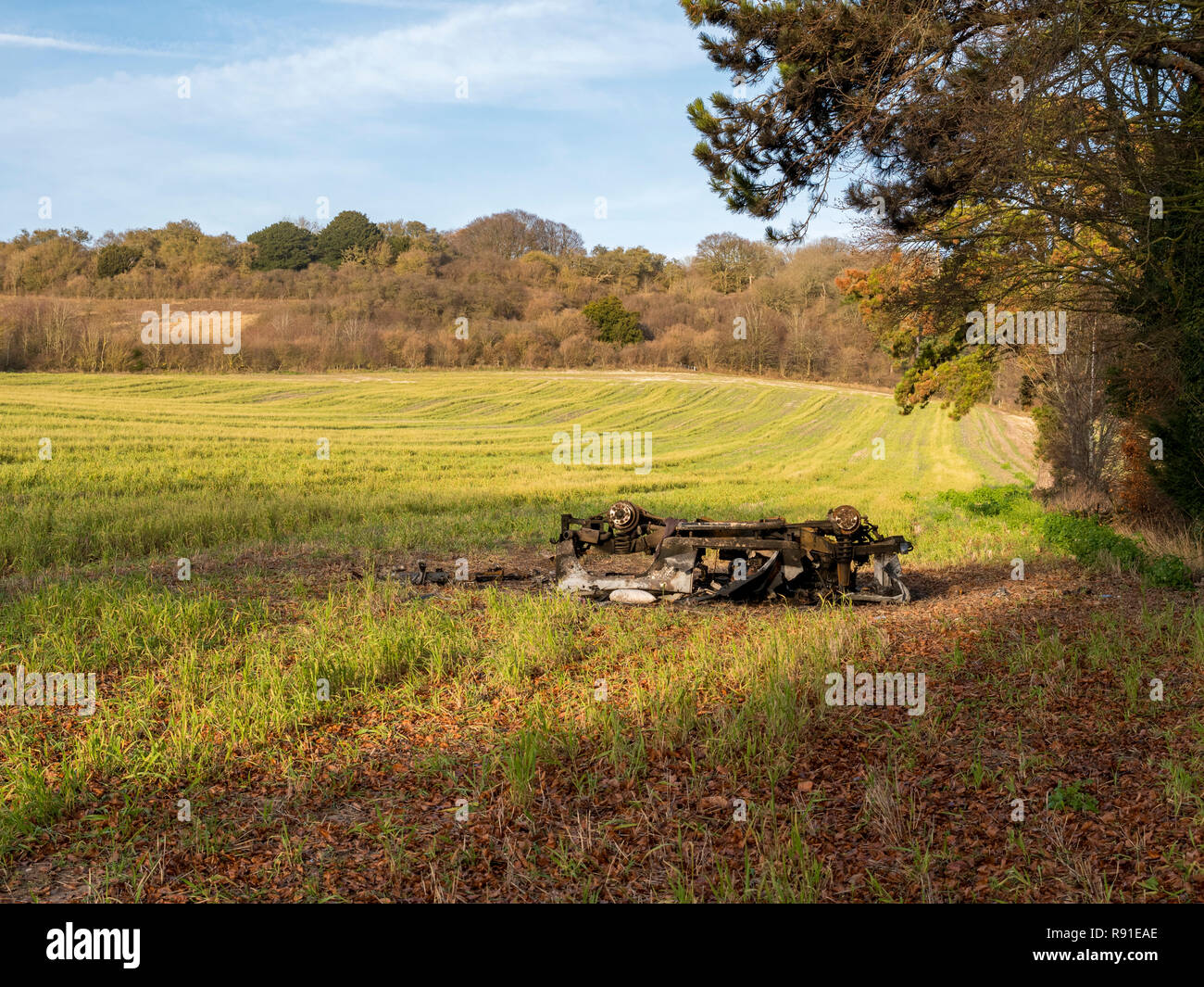 Burnt out car located on the Pilgrims Way byway, in Kent, England Stock ...