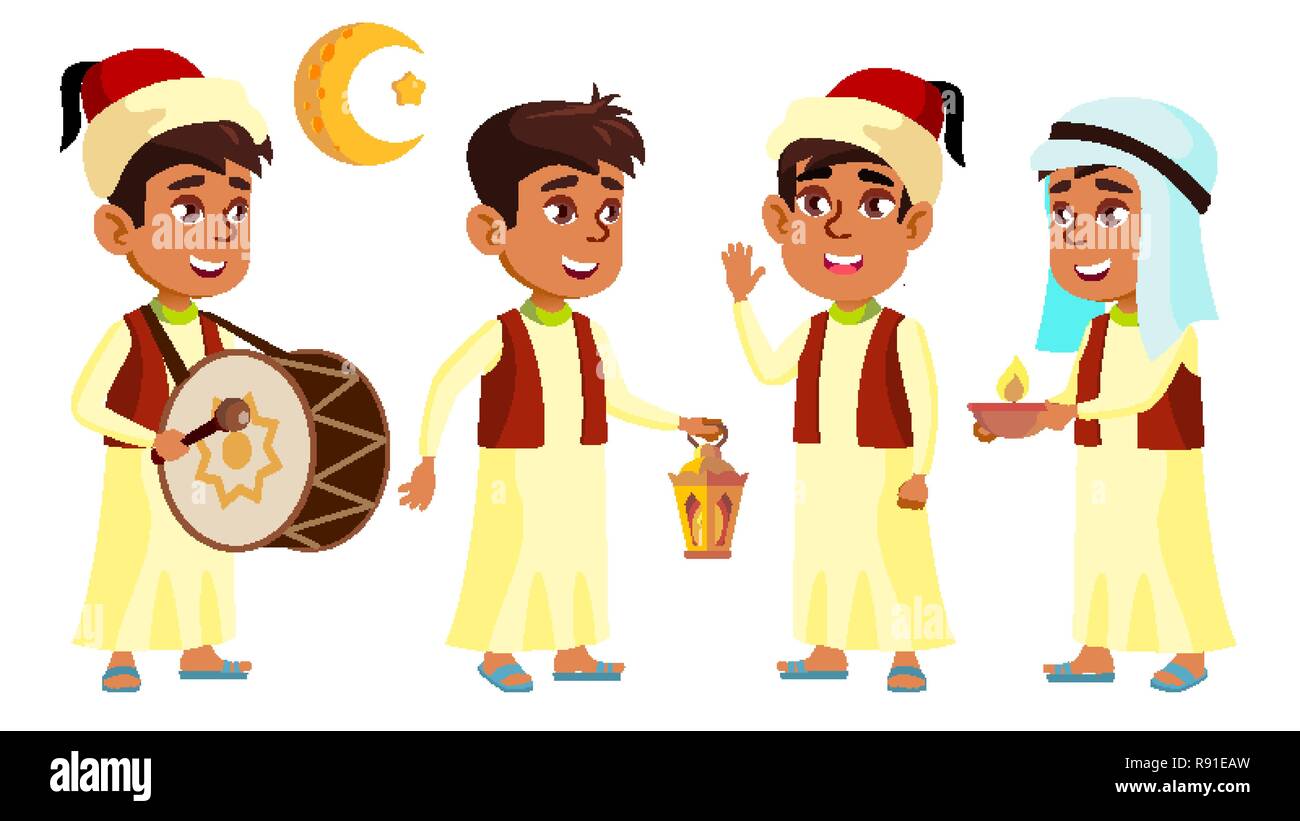 Arab, Muslim Boy Schoolboy Kid Set Vector. Child Celebrating Ramadan ...